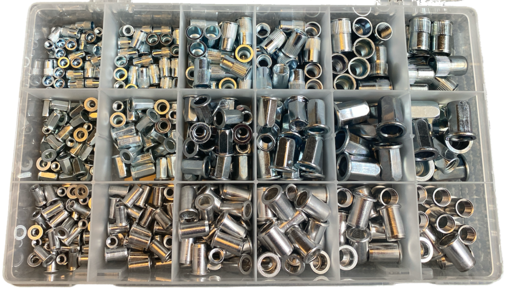 Sortiment Blindmutter, rillet, 6-kant og alu. 390-deler - Lakkspesialisten